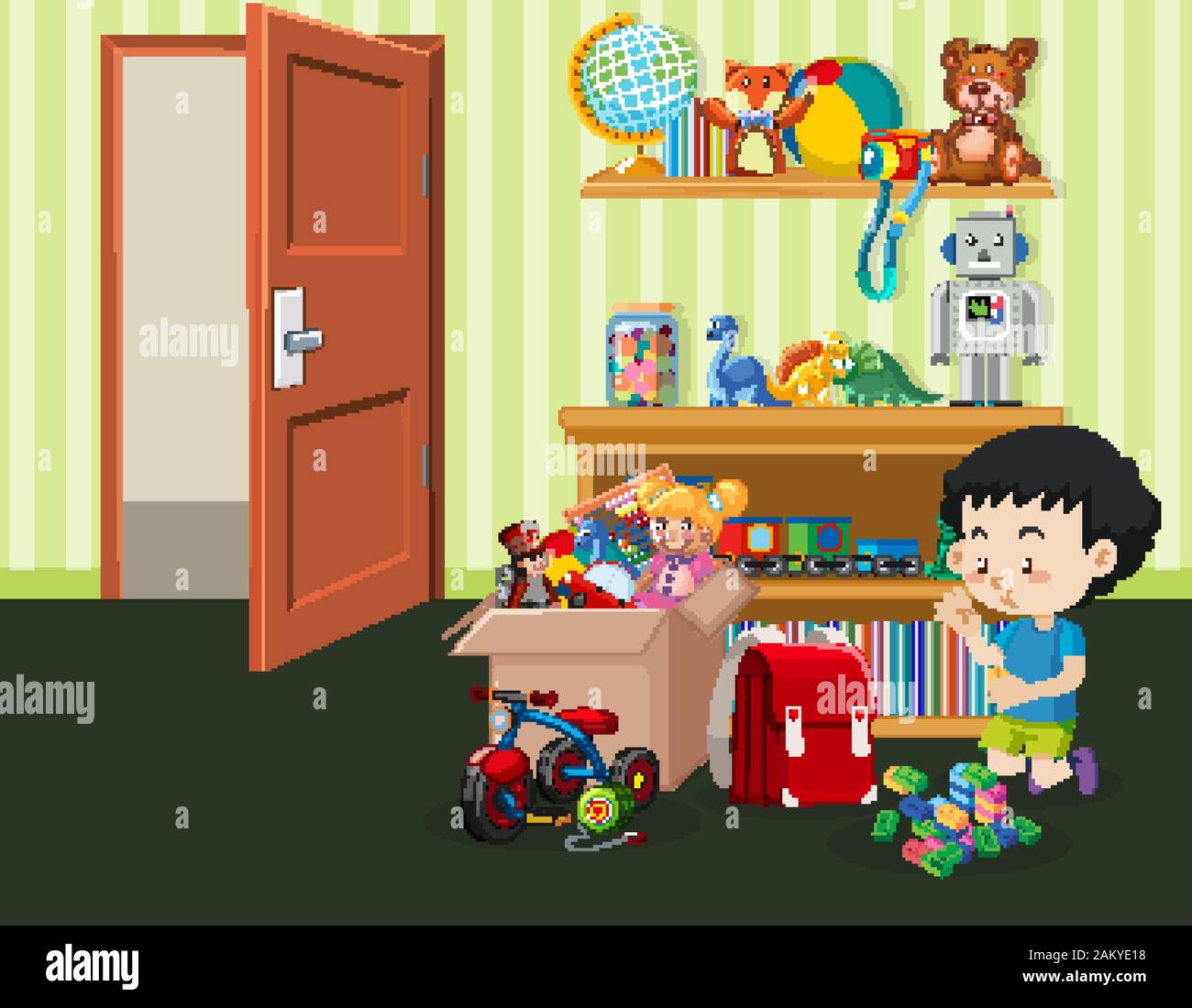 Scene with boy playing toys in the room illustration Stock Vector Image ...