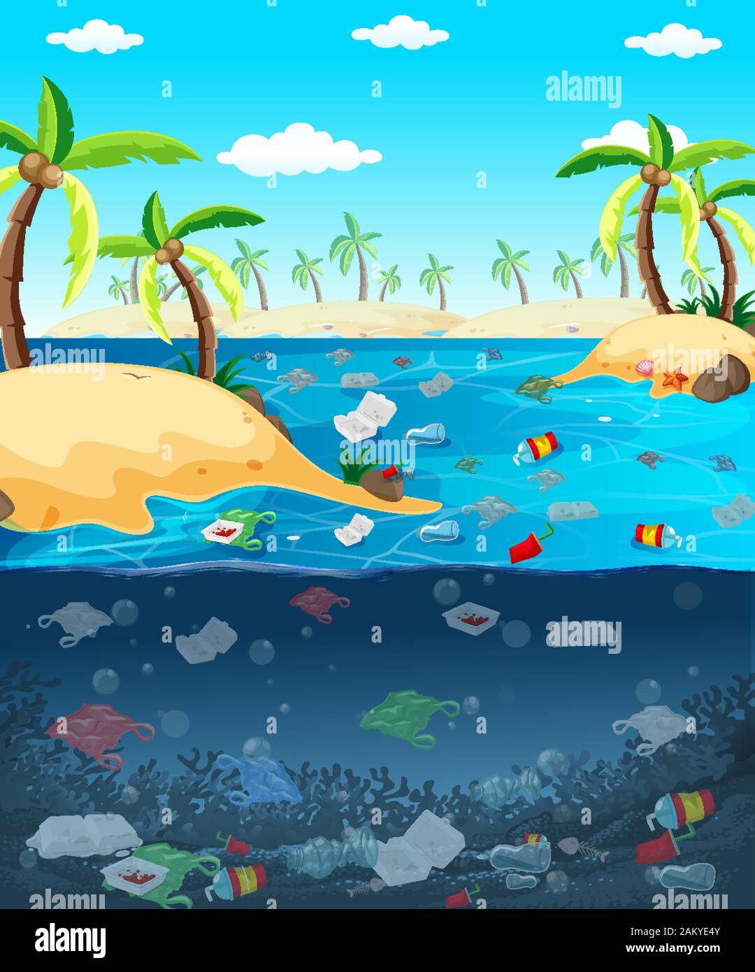 Water pollution with plastic bags in ocean illustration Stock Vector ...