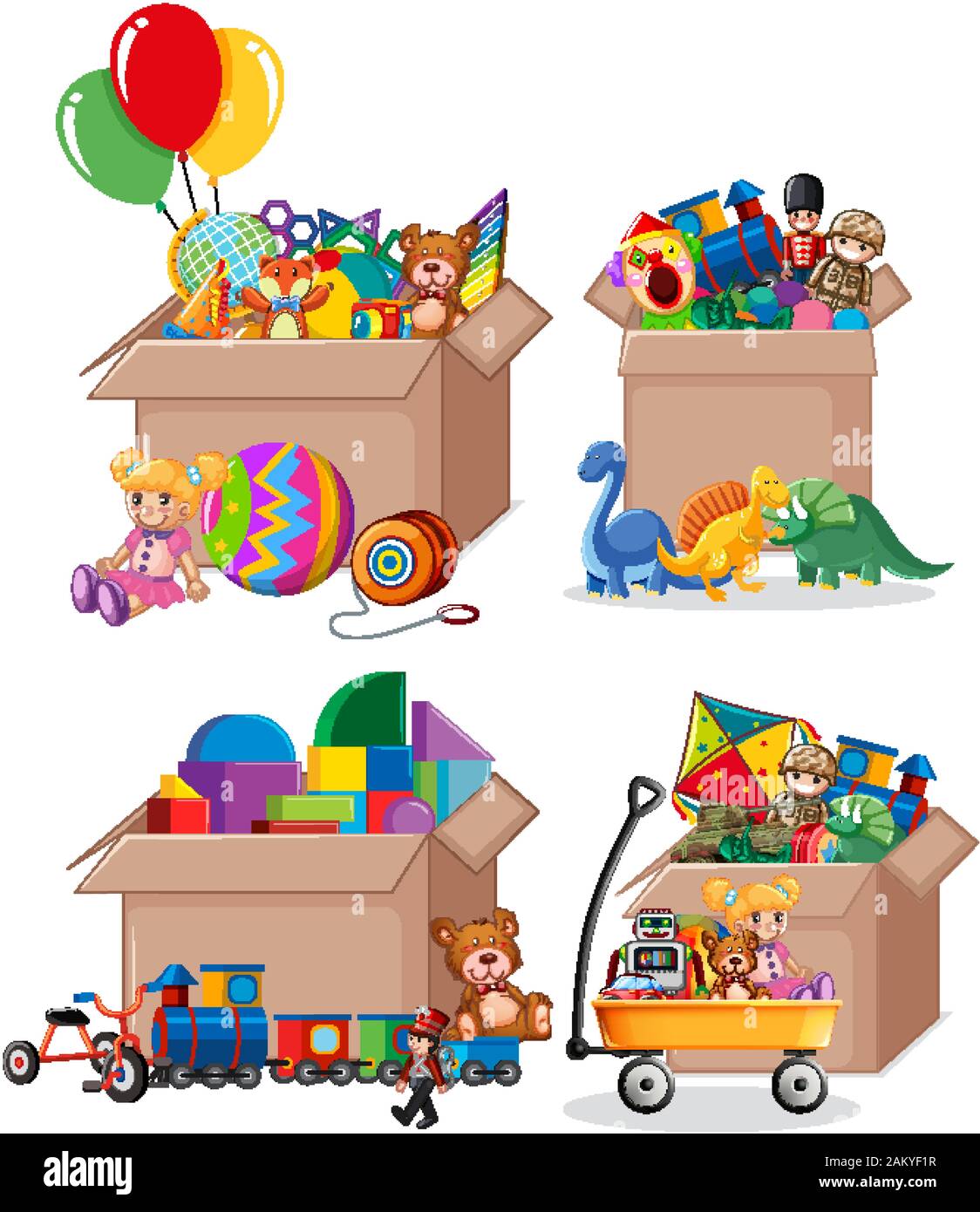 Set of boxes full of toys on white background illustration Stock Vector ...