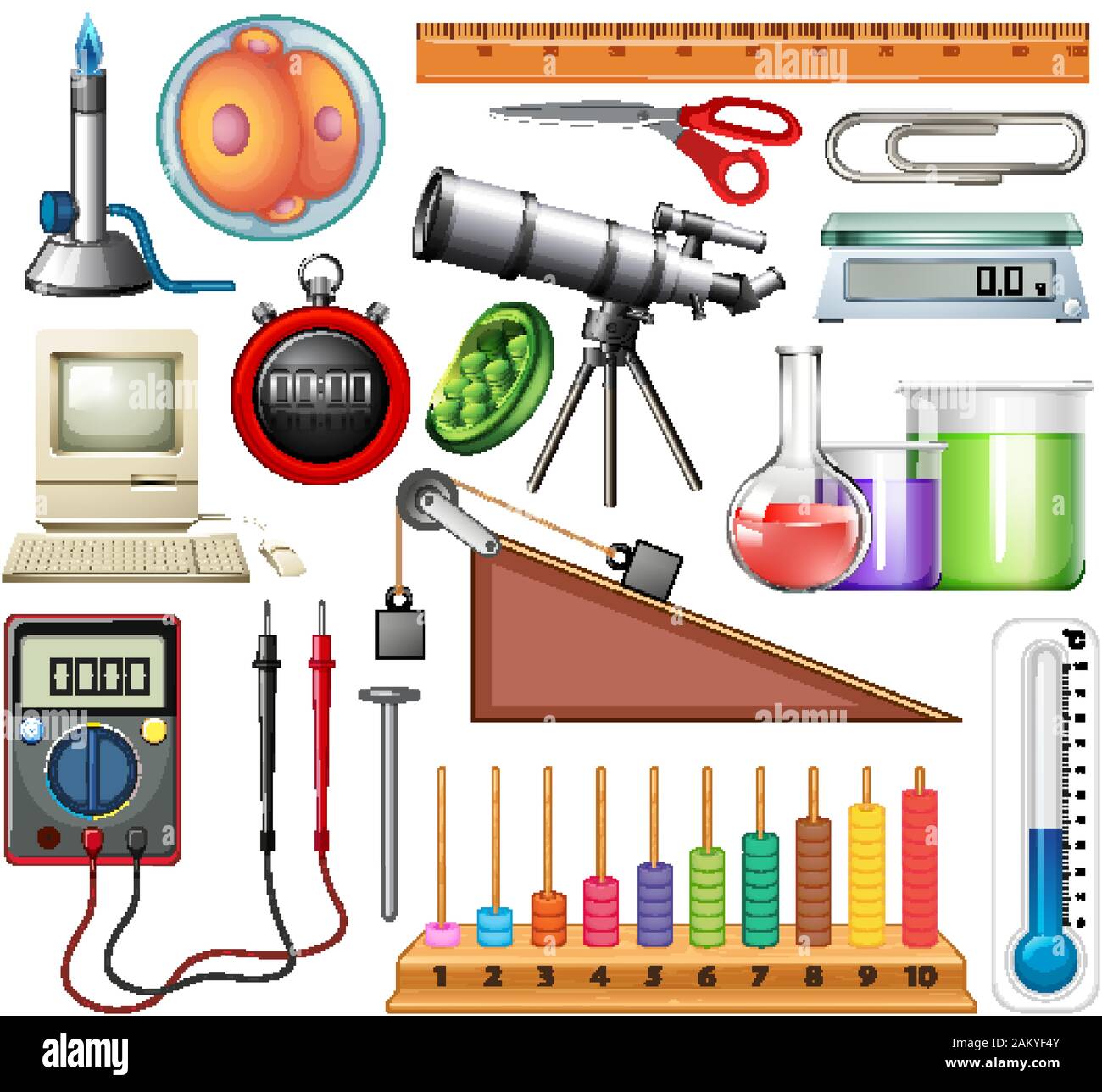 Large set of science equipments on white background illustration Stock ...