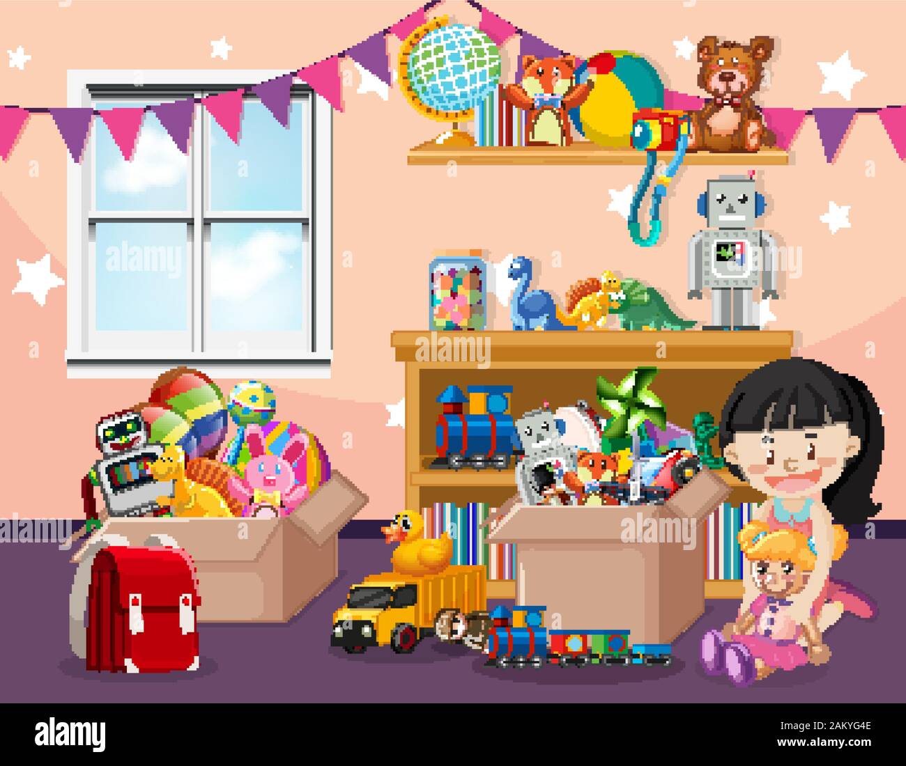 Scene with kid playing with many toys in the room illustration Stock ...