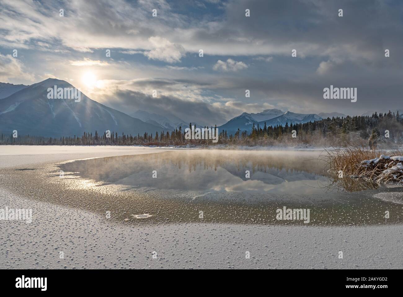 Mist from a sulphur spring at Vermilion Lakes in Banff National Park ...