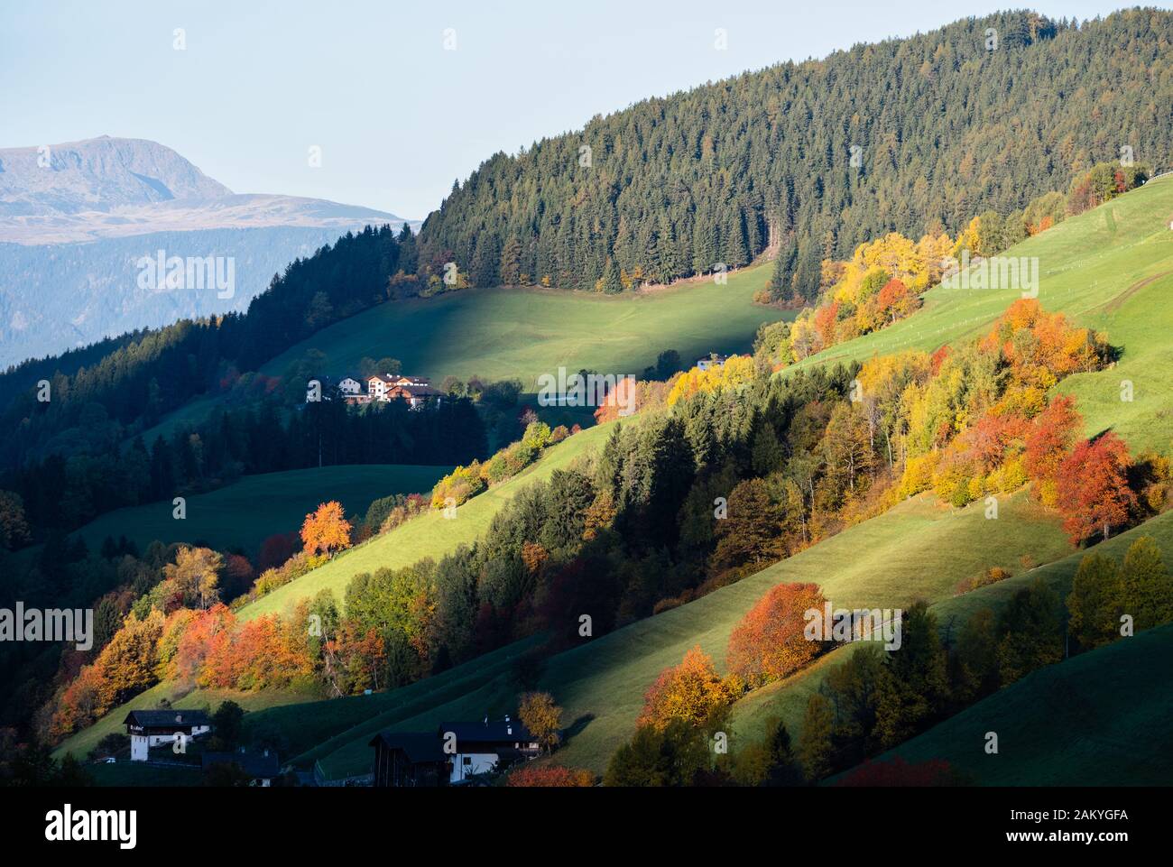 Autumn sunrise Santa Magdalena famous Italy Dolomites mountain village ...