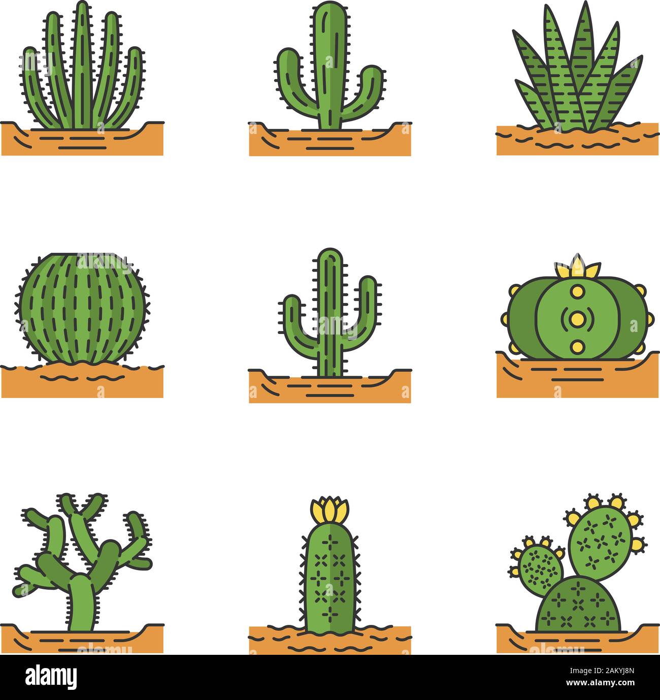 Wild cactuses on ground color icons set. Mexican tropical flora ...