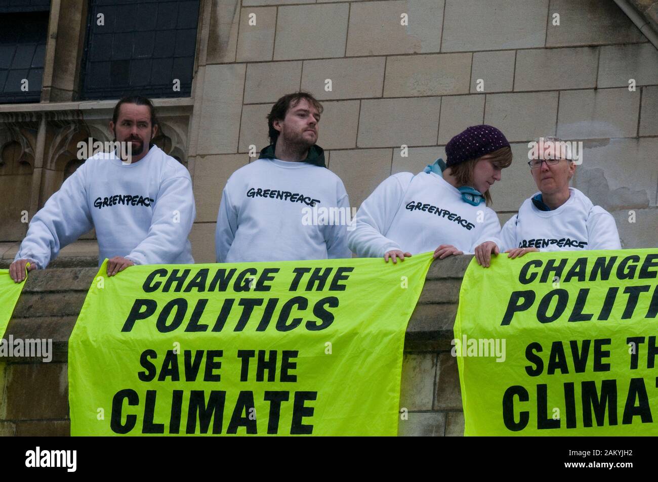 Greenpeace climate change protestors demonstrate on the roof at the ...