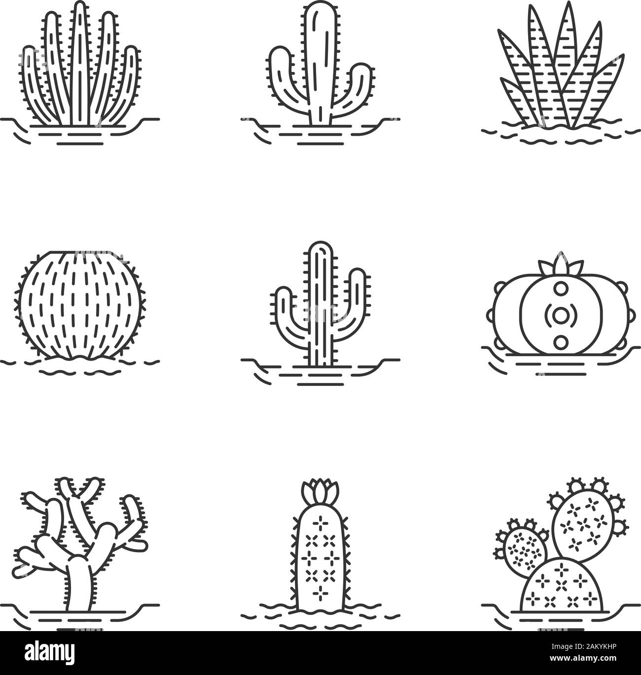 Wild cactuses on ground linear icons set. Mexican tropical flora ...