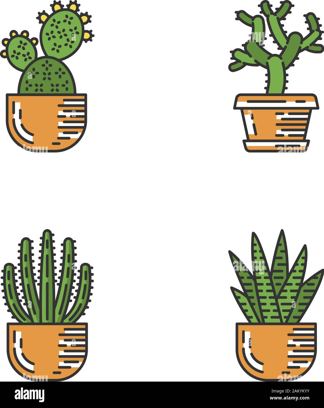 House cacti in pot color icons set. Succulents. Spiny plants. Prickly ...