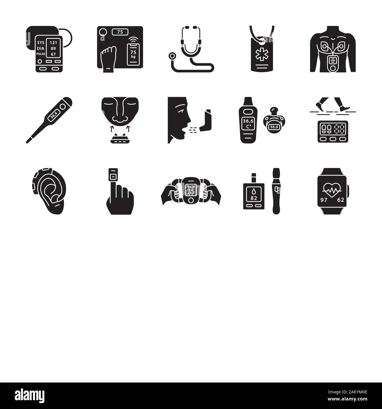 Medical devices glyph icons set. Stethoscope, medical alert ID, inhaler ...