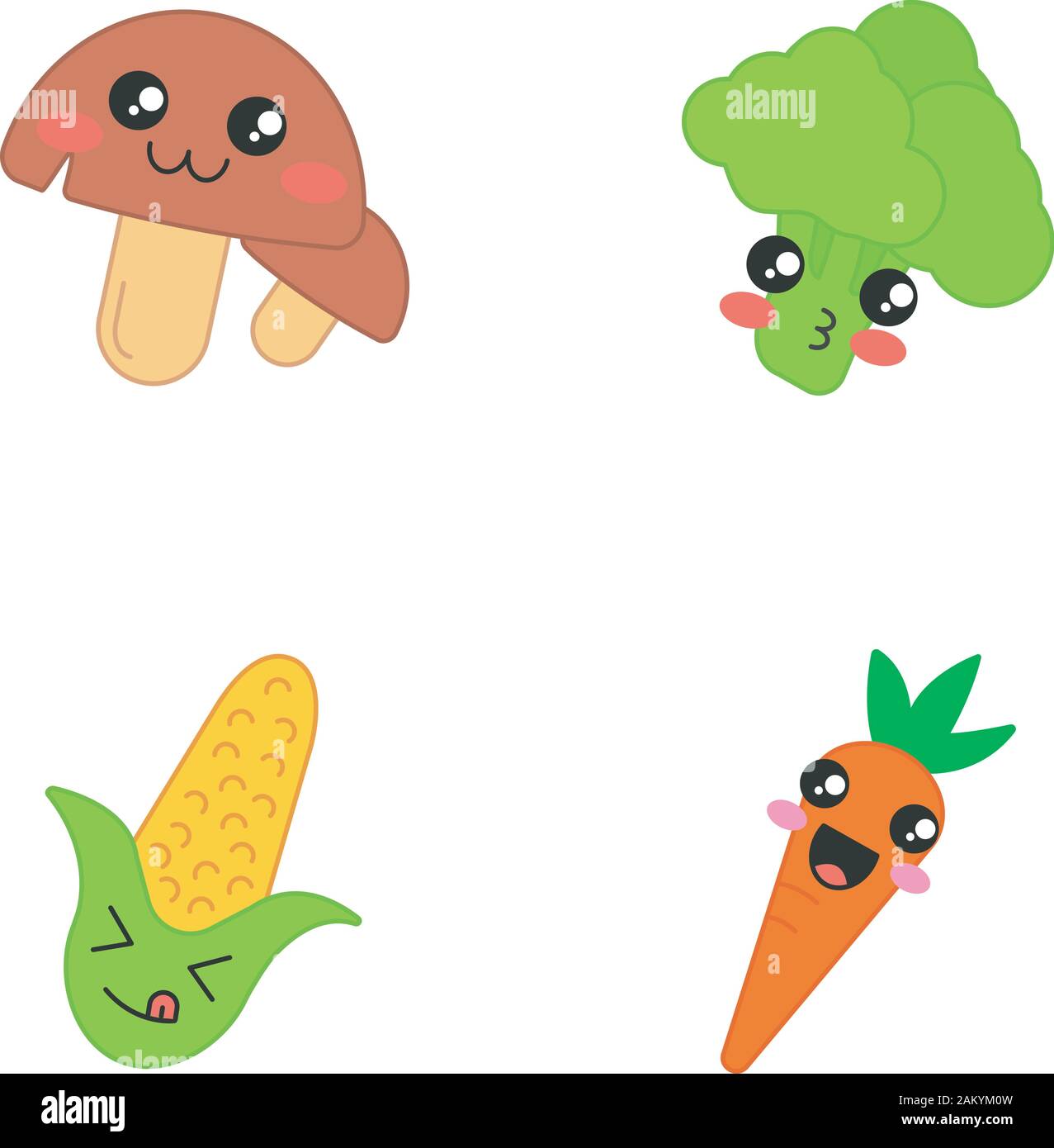 Vegetables cute kawaii vector characters. Mushrooms with smiling face ...