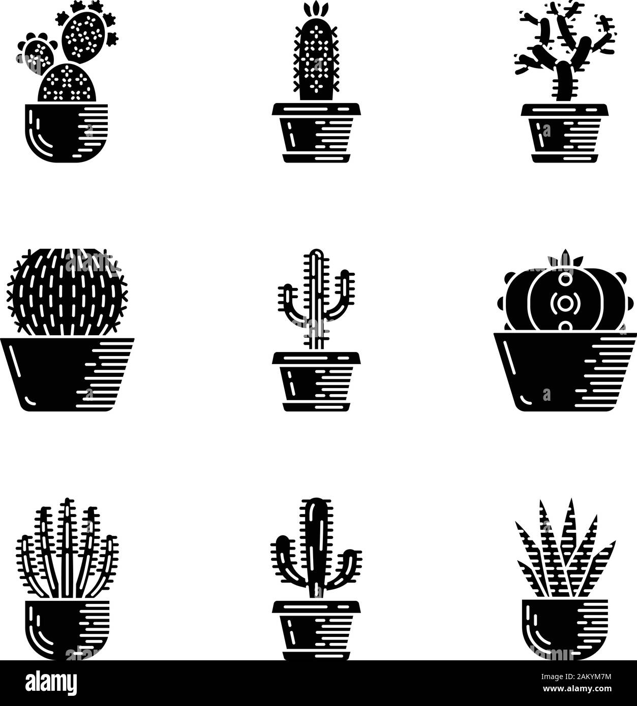 Cactuses in pots glyph icons set. Mexican tropical flora. Succulents ...