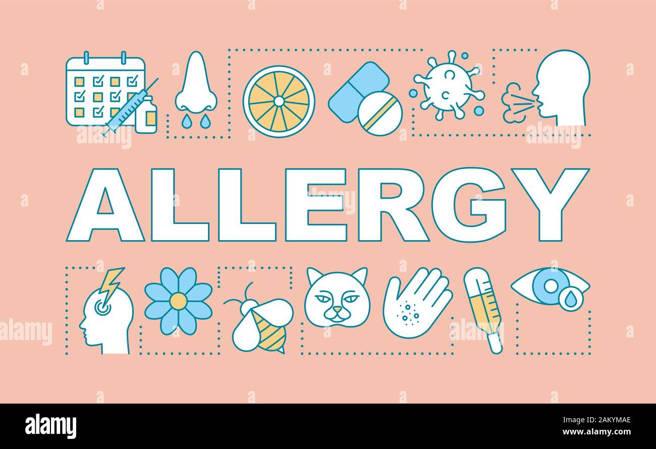 Allergy word concepts banner. Allergens, fever, rhinitis, urticaria ...