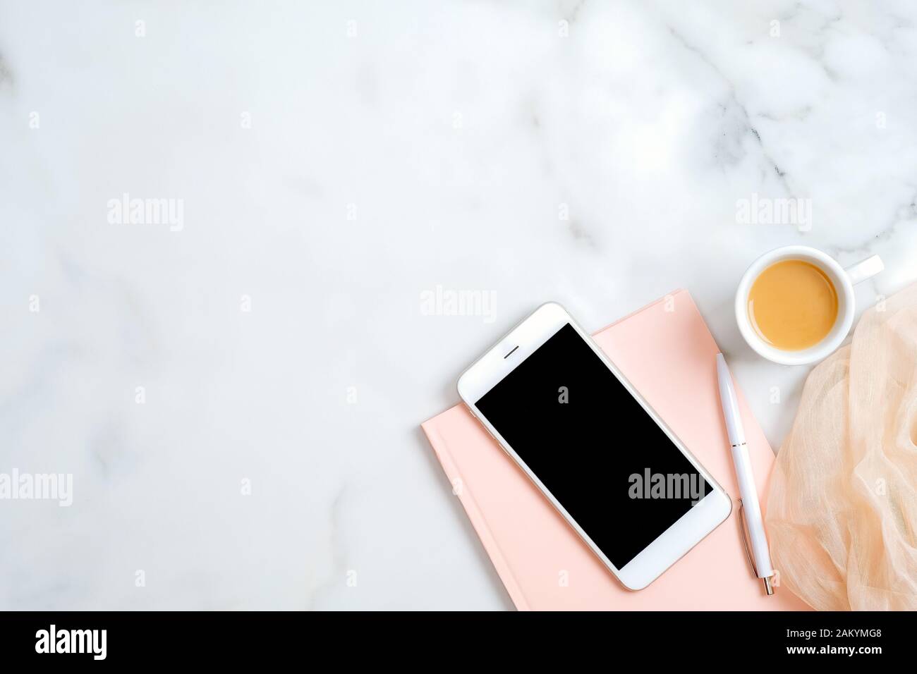 Flat lay home office desk. Female workspace with pink paper notebook ...