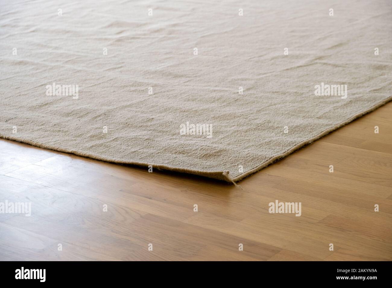Close up of crumpled carpet laying on parquet wooden floor Stock Photo ...