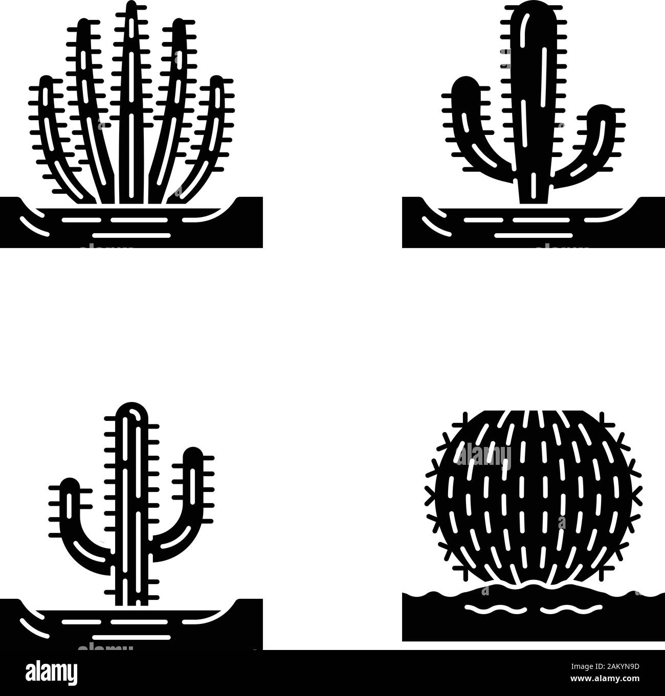 Wild cacti in ground glyph icons set. Succulents. Spiny plants. Barrel ...