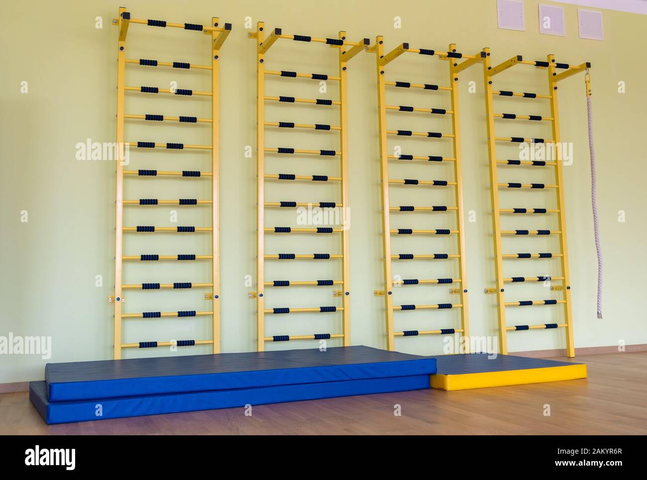 A wall with ladder bar for fitness training inside sports gym room in a ...