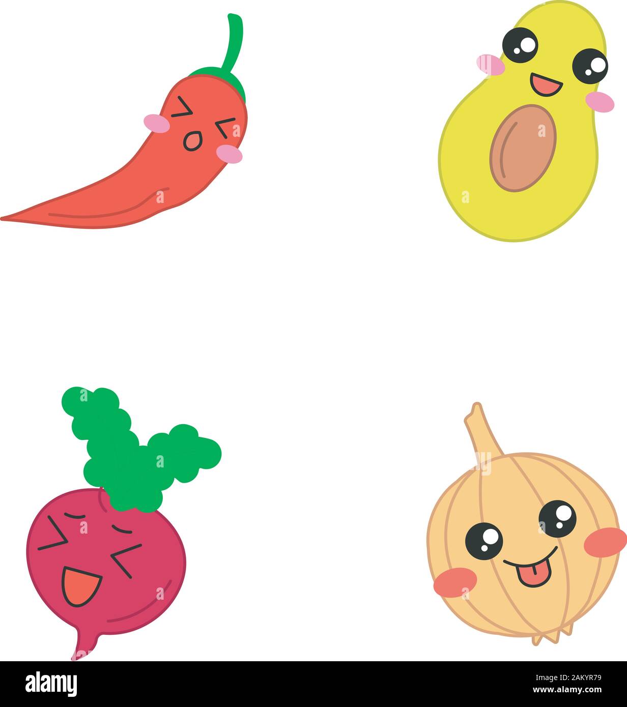 Vegetables cute kawaii vector characters. Avocado and onion with ...