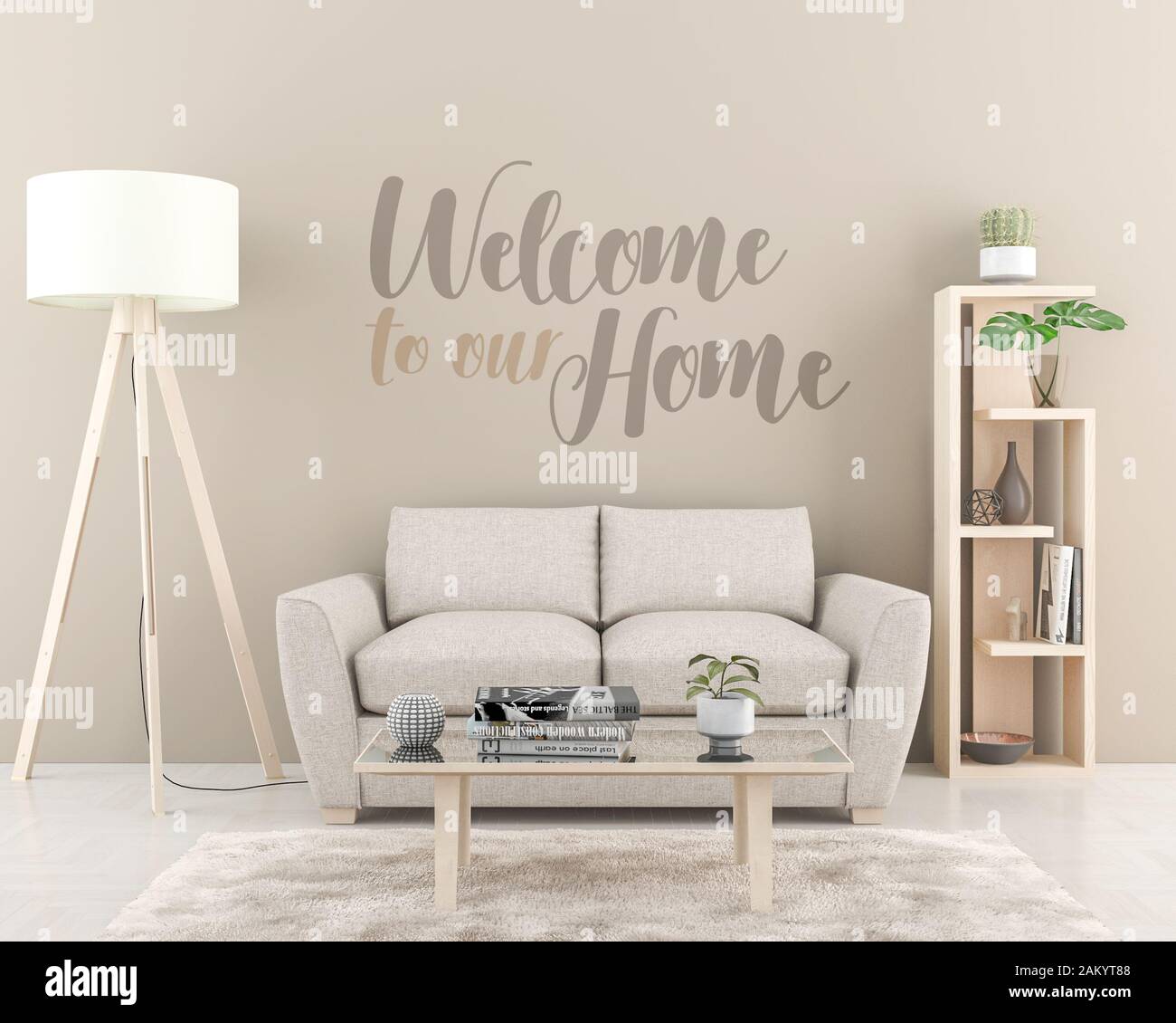 Welcome to our home, sticker on the wall. Interior with sofa, lamp ...
