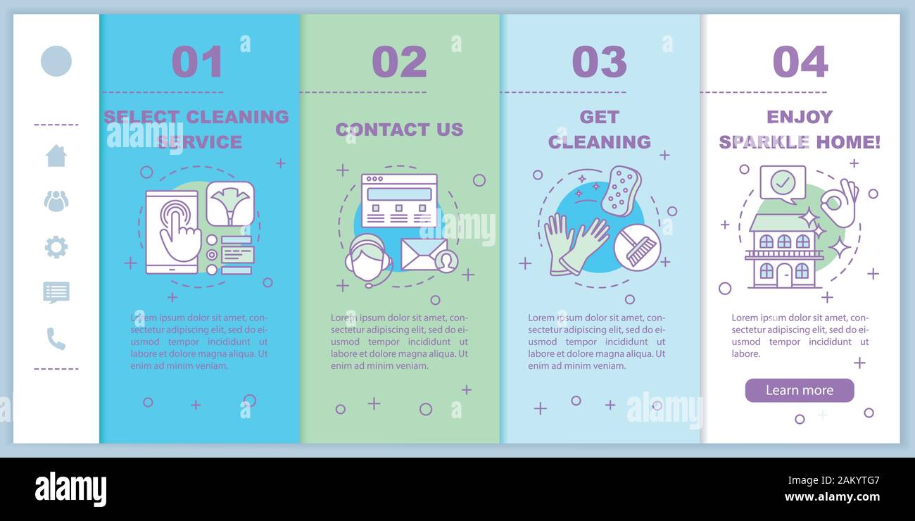 Cleaning service booking onboarding mobile web pages vector template. Cleanup planning ...