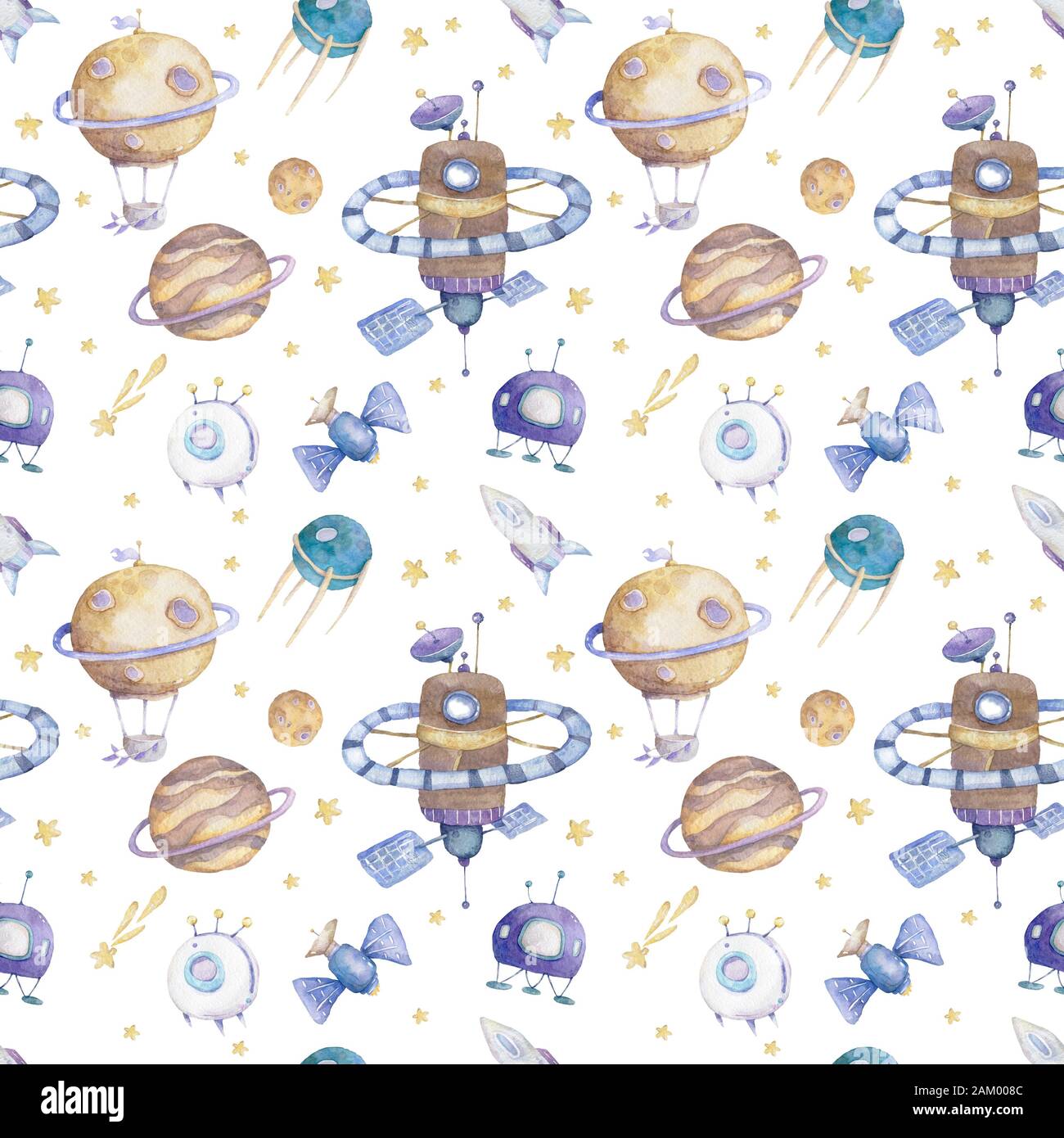 Cute Hand drawn space background. Watercolor cute pattern on space ...