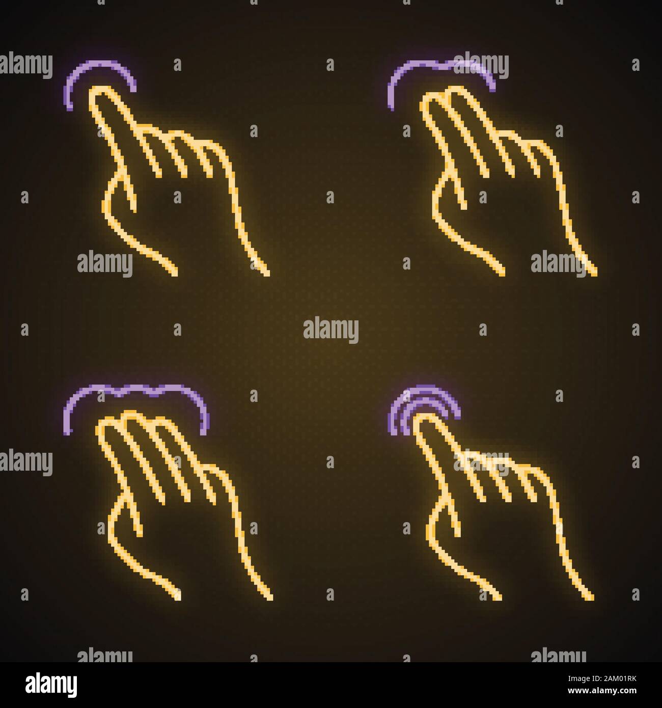 Touchscreen gestures neon light icons set. Tap, point, click, double ...