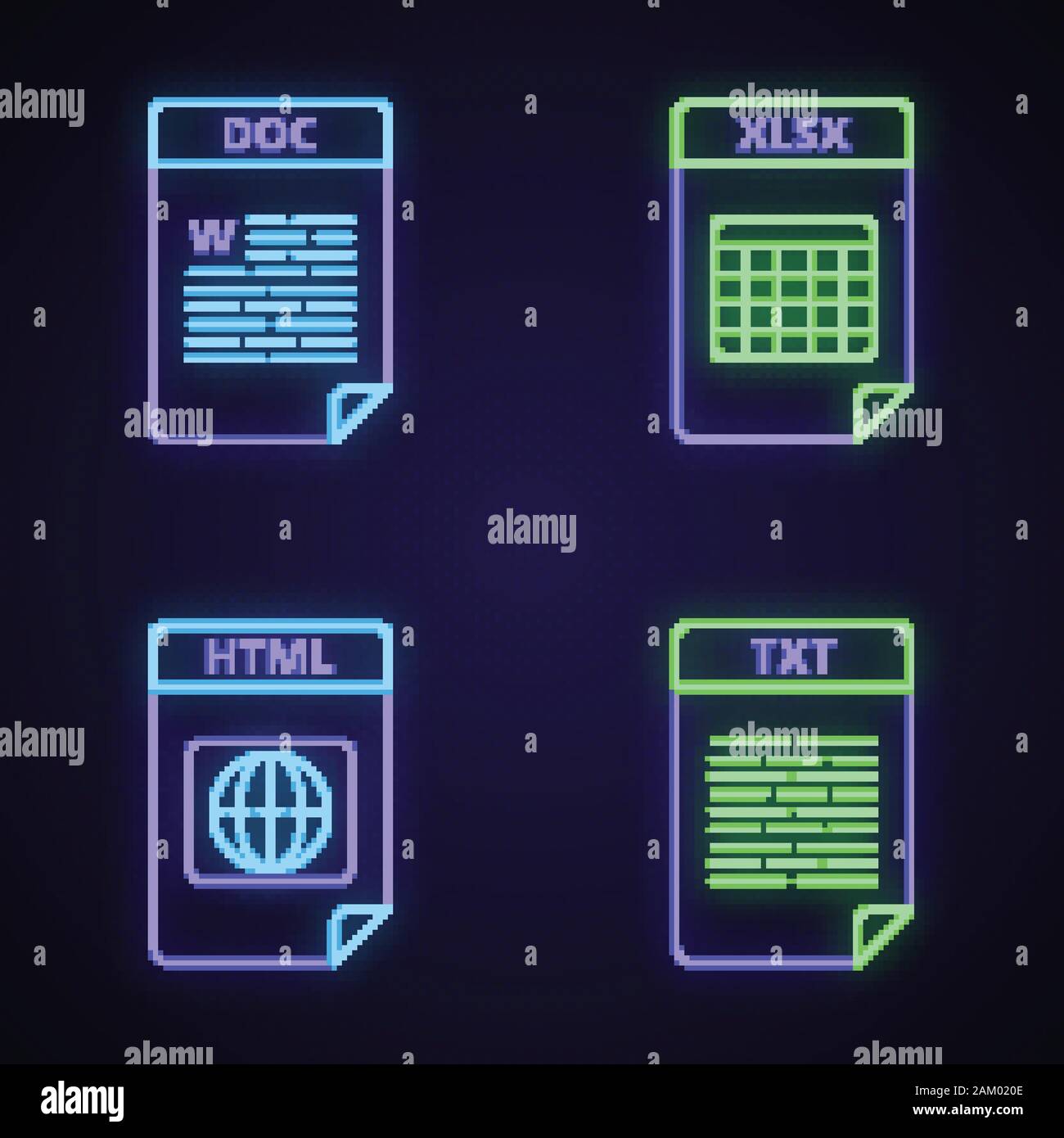 Files format neon light icons set. Text, web and data files. DOC, XLSX, HTML, TXT. Glowing signs ...