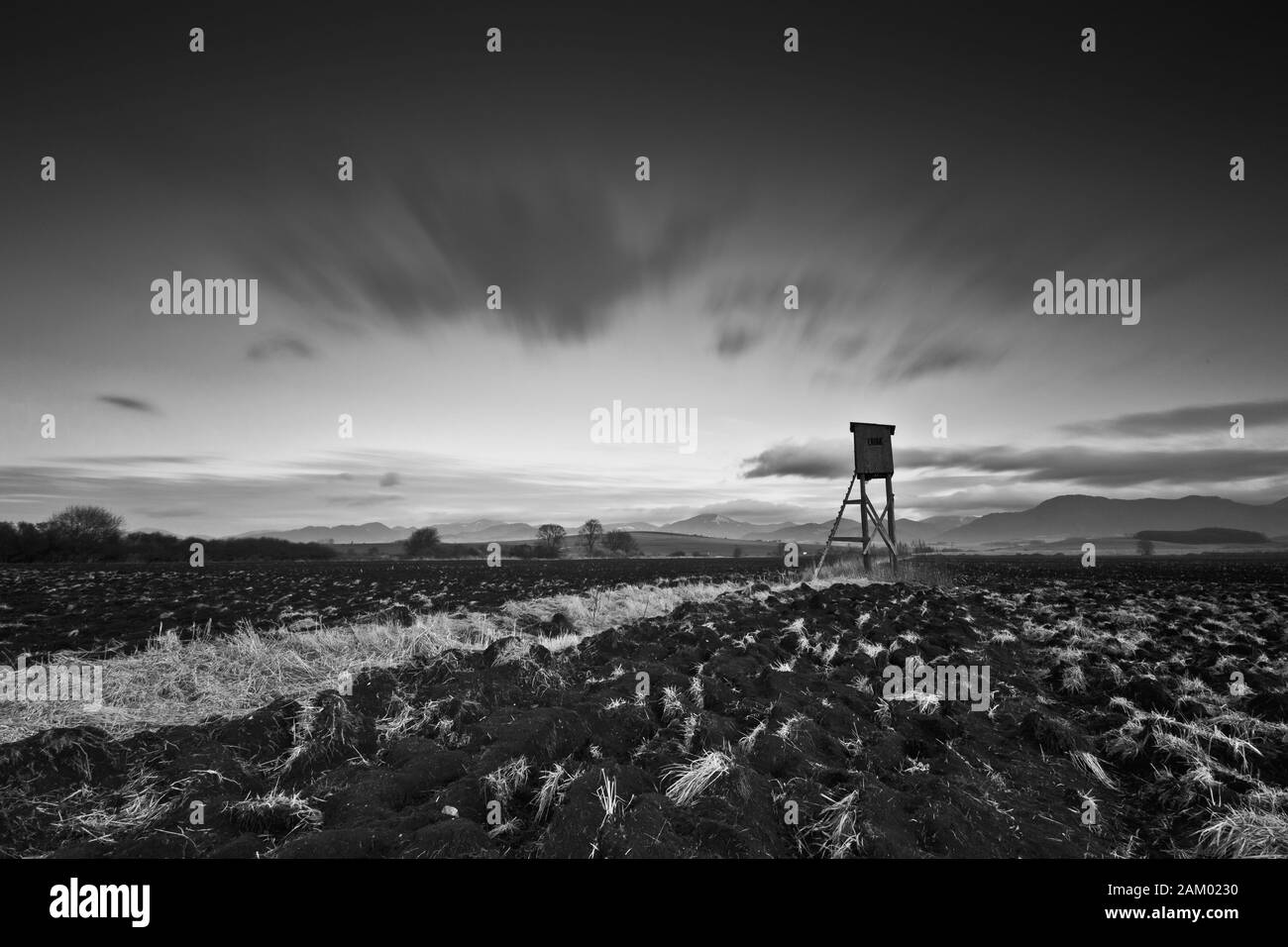 Hunting lookout in the fields in Turiec region, central Slovakia Stock ...