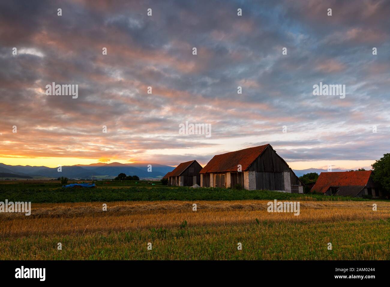 Traditional barns on the edge of a village in northern Slovakia Stock ...