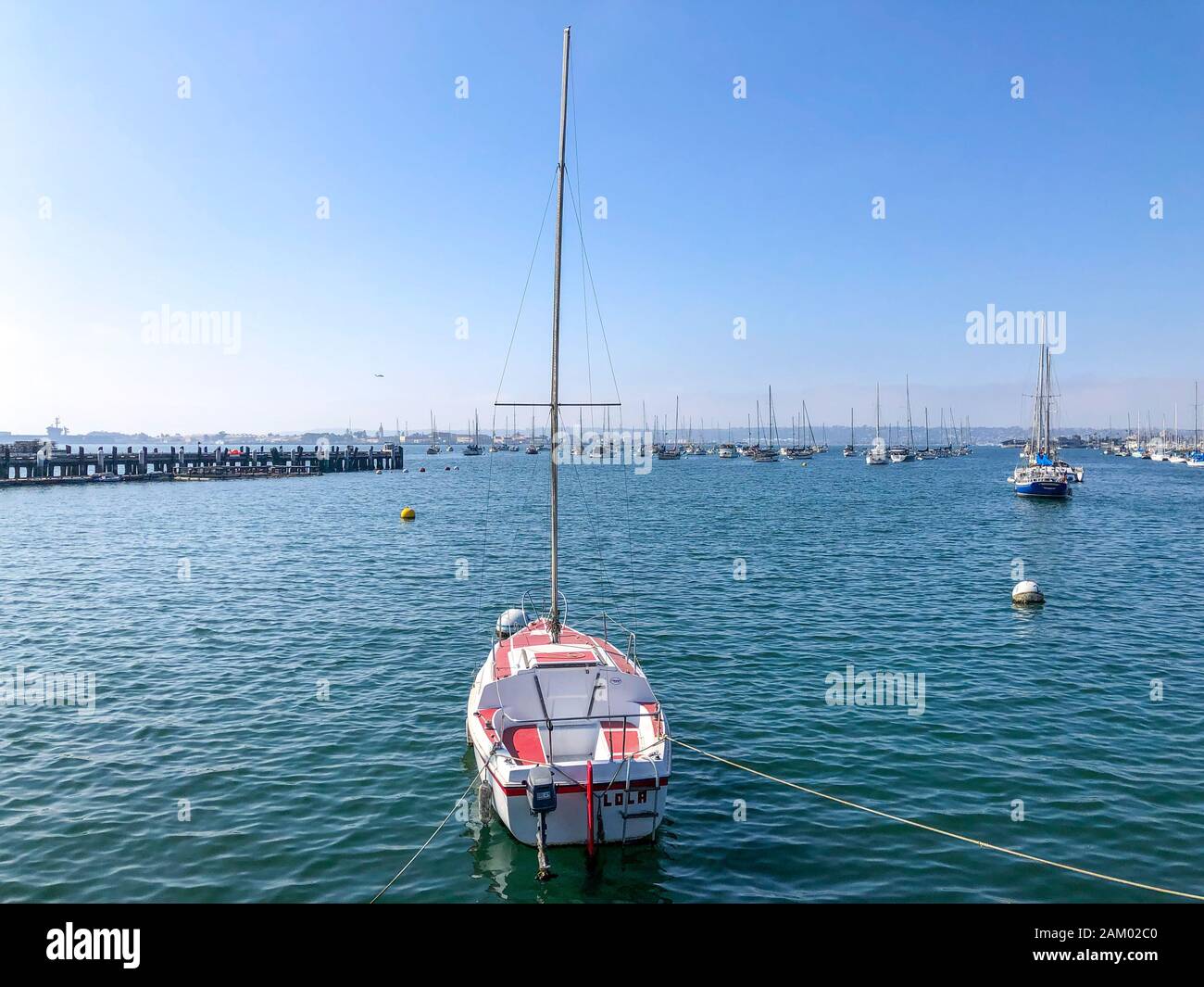 Sailing boat harbor during blue sky day in downtown San Diego port, California, USA November ...
