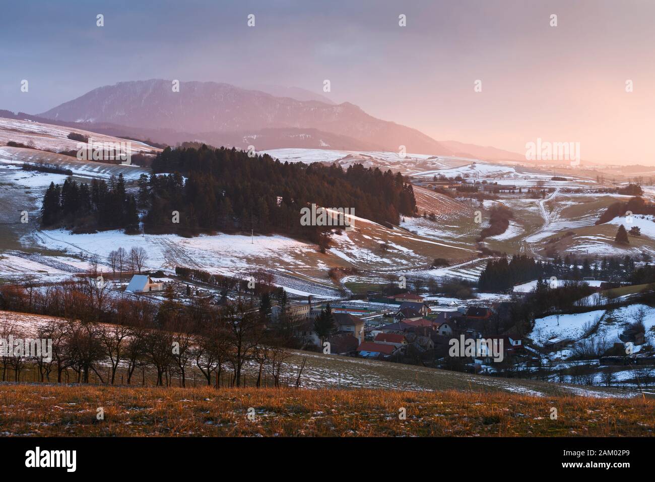 Village in Turiec region with view of Velka Fatra mountain range in ...