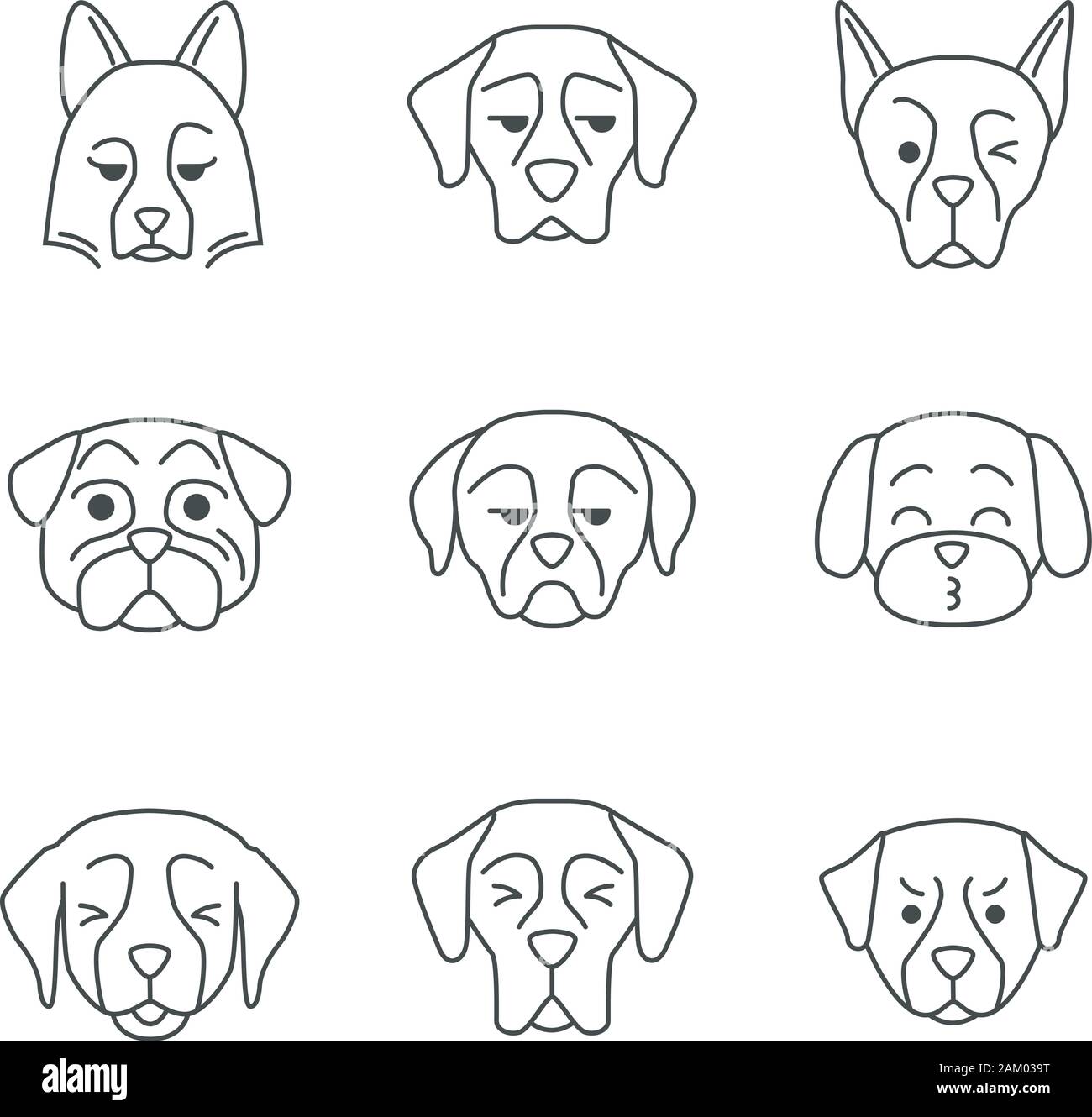 Dogs cute kawaii linear characters. Thin line icon set. Squinting ...