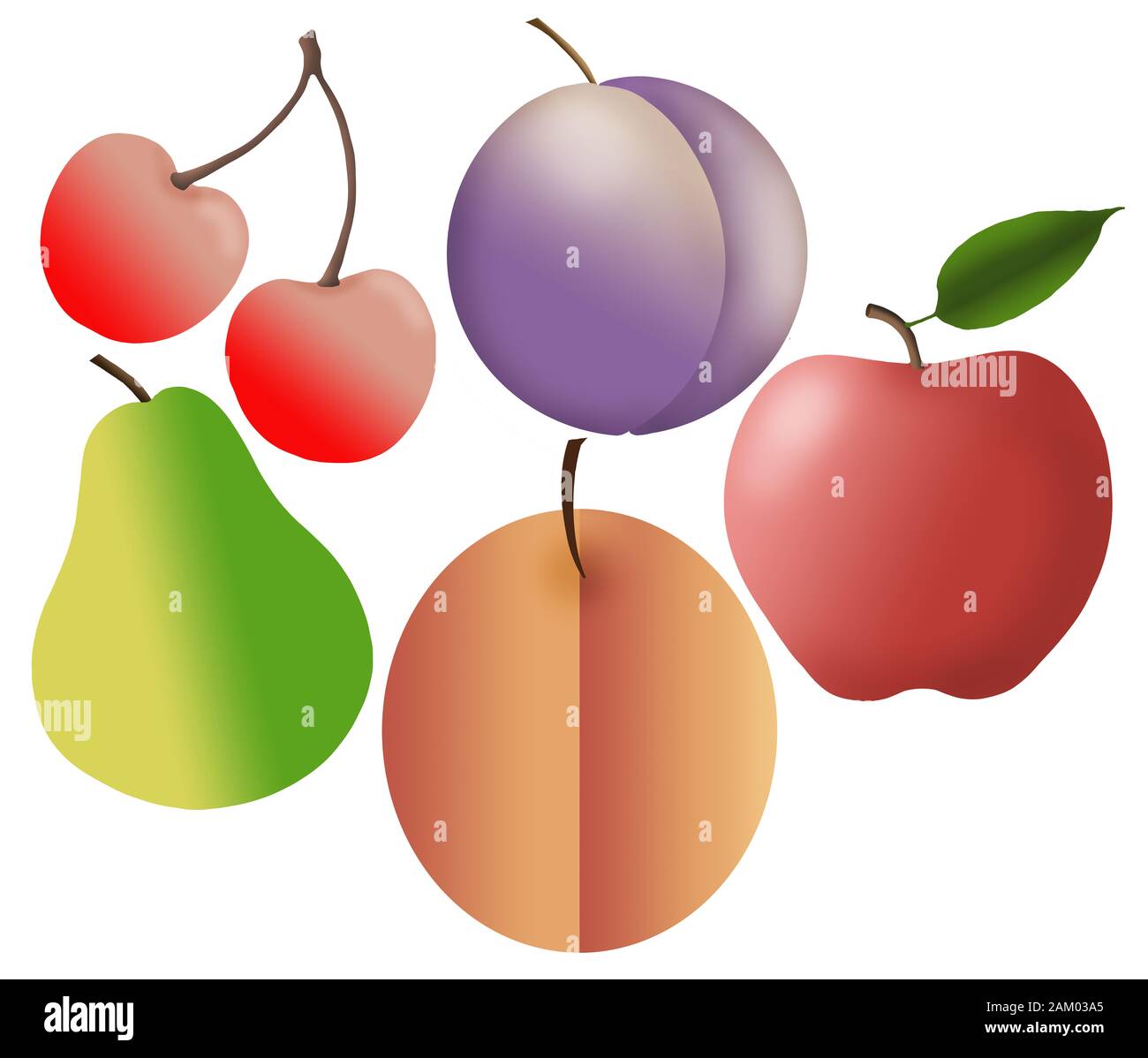 Cherries, a plum, a peach, an apple and a pear are seen isolated on a ...
