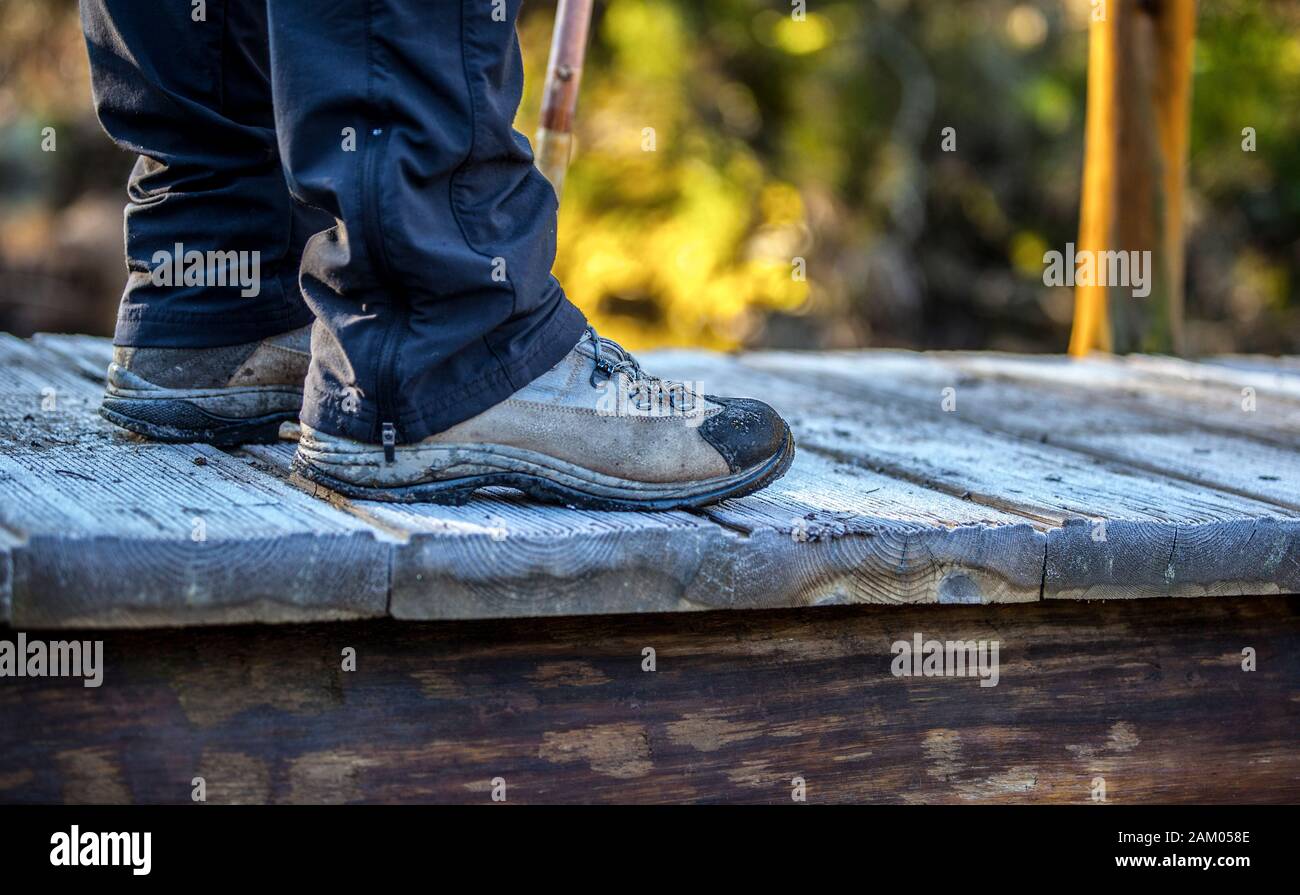 Hiker crossing a frozen wooden bridge. Selective focus Stock Photo - Alamy