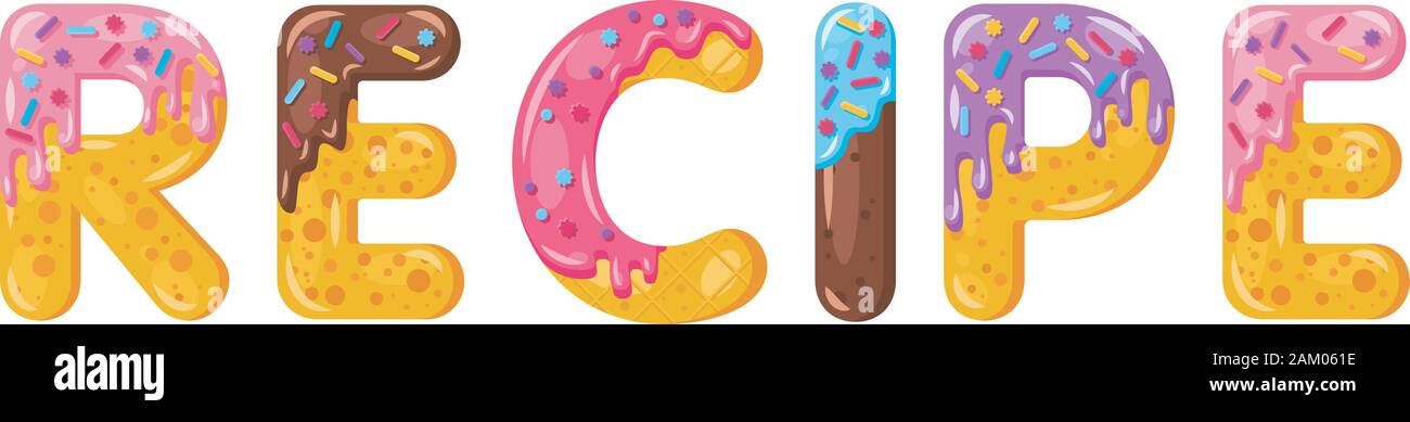 Donut cartoon recipe biscuit bold font style. Glazed capital letters ...