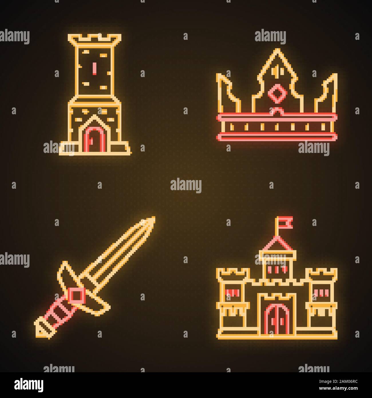 Medieval neon light icons set. Castle tower, king crown, metal sword ...