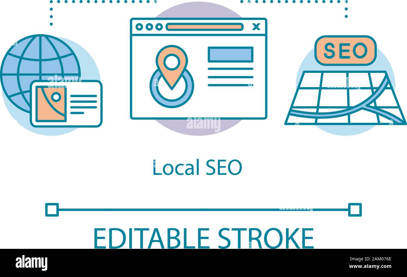 Local SEO concept icon. Global search optimization idea thin line illustration. Geolocation ...
