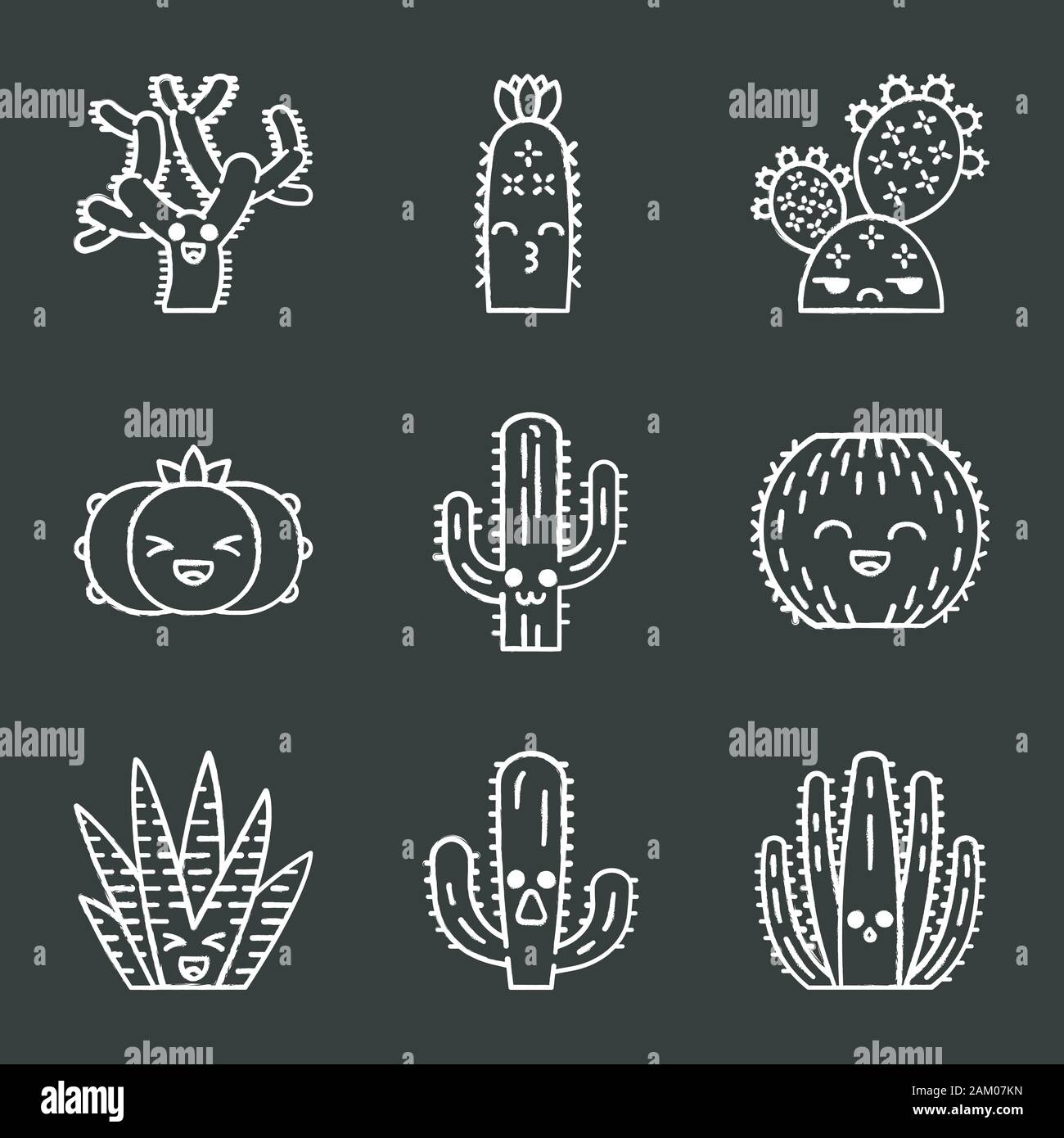 Cactuses chalk icons set. Plants with smiling faces. Laughing barrel ...