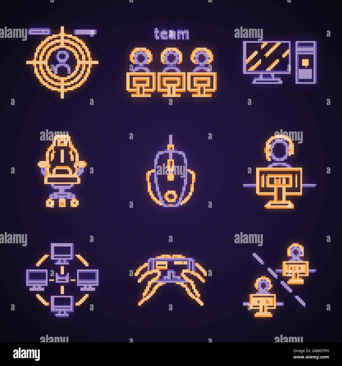 Esports neon light icons set. Videogame tournament. Game for player and ...