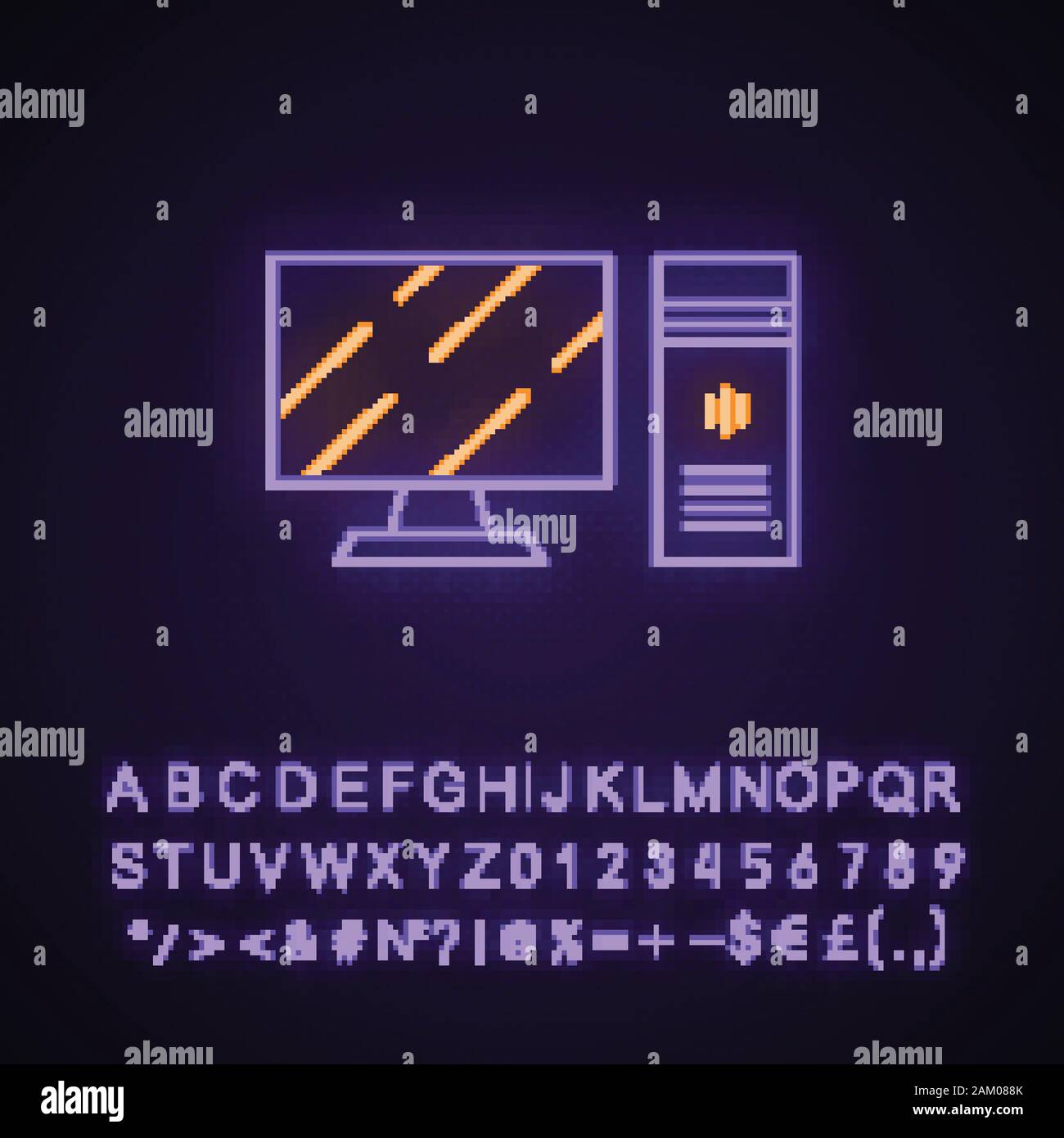 Gaming computer and monitor neon light icon. Esports hardware. Video ...