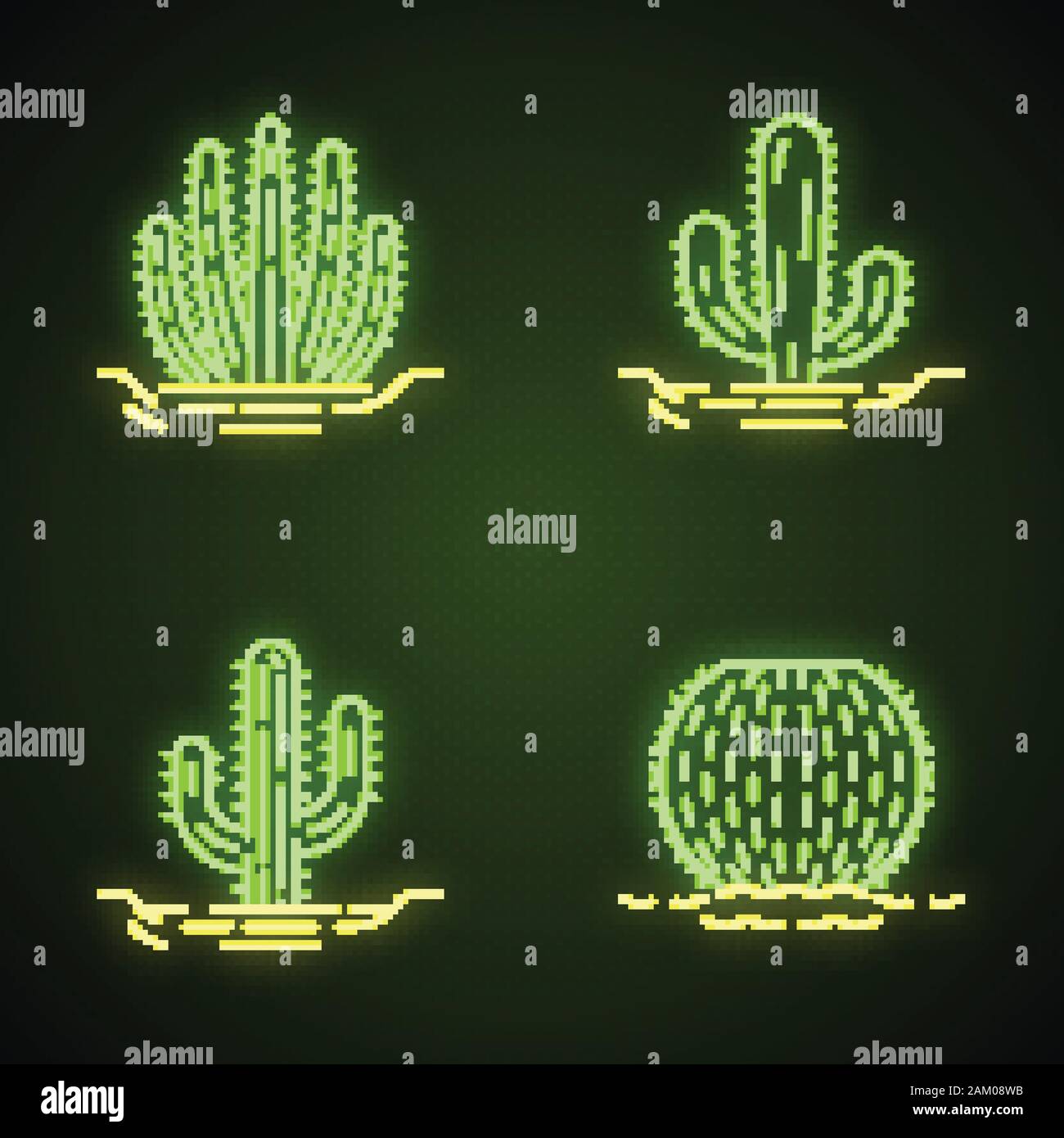 Wild cacti in ground neon light icons set. Succulents. Spiny plants ...
