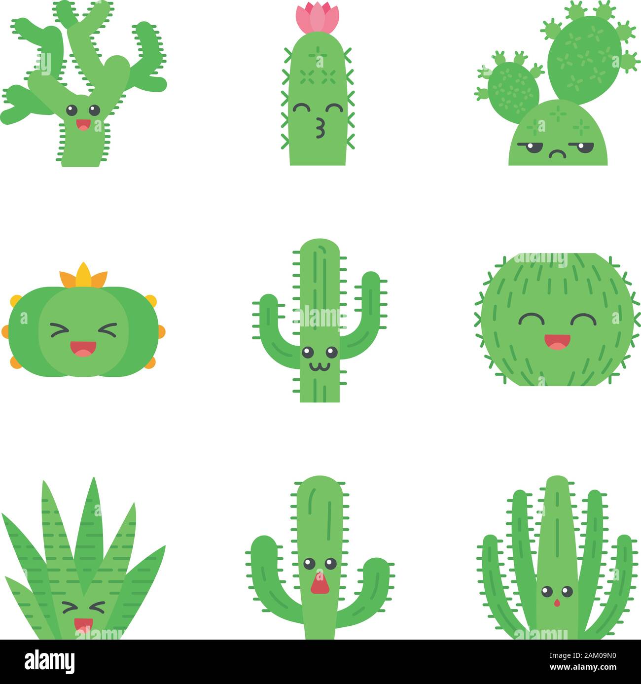 Cactuses flat design long shadow color icons set. Plants with smiling ...
