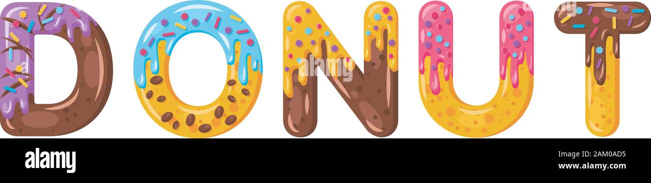 Donut cartoon biscuit bold font style. Glazed capital letters. Tempting ...