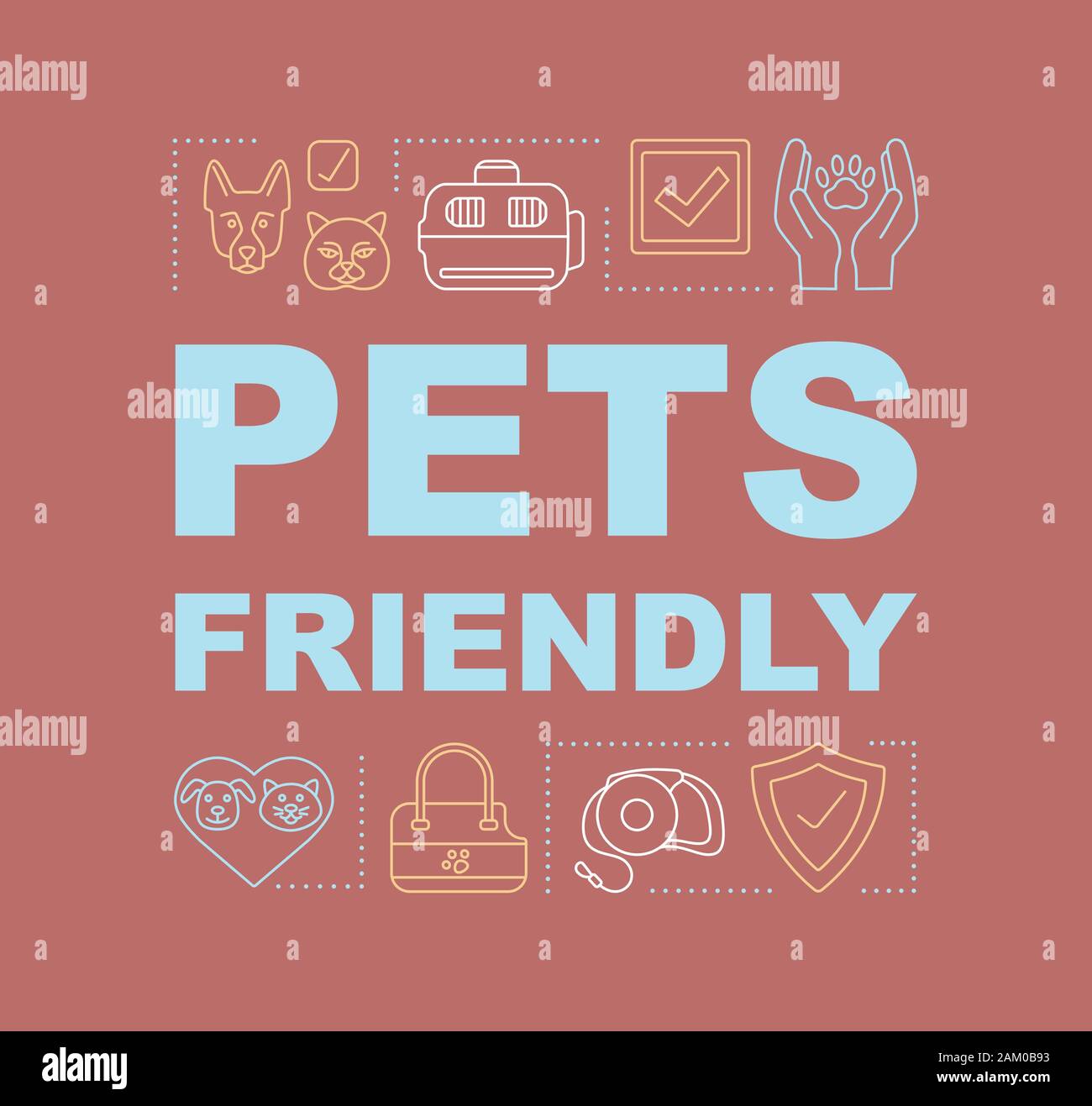 Pets friendly hotel word concept banner. Veterinary service, clinic ...