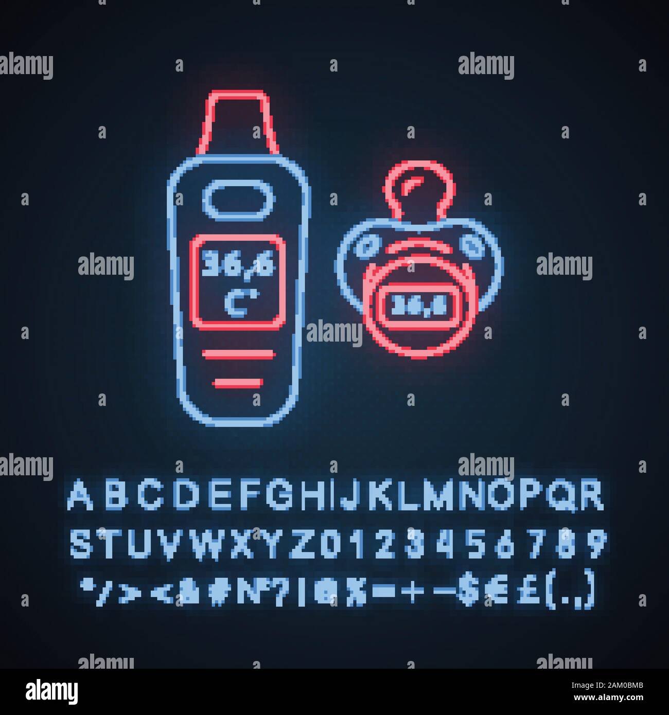 Digital pacifier thermometer neon light icon. Body temperature measure ...