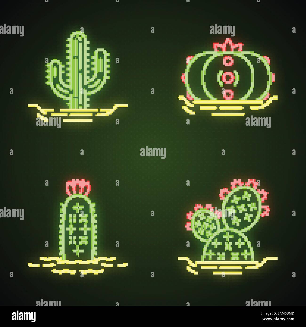 Wild cactuses in ground neon light icons set. Spiny plants. Green ...