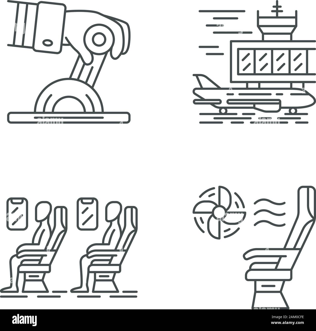 Aviation services linear icons set. Plane conditioning system. Airplane ...