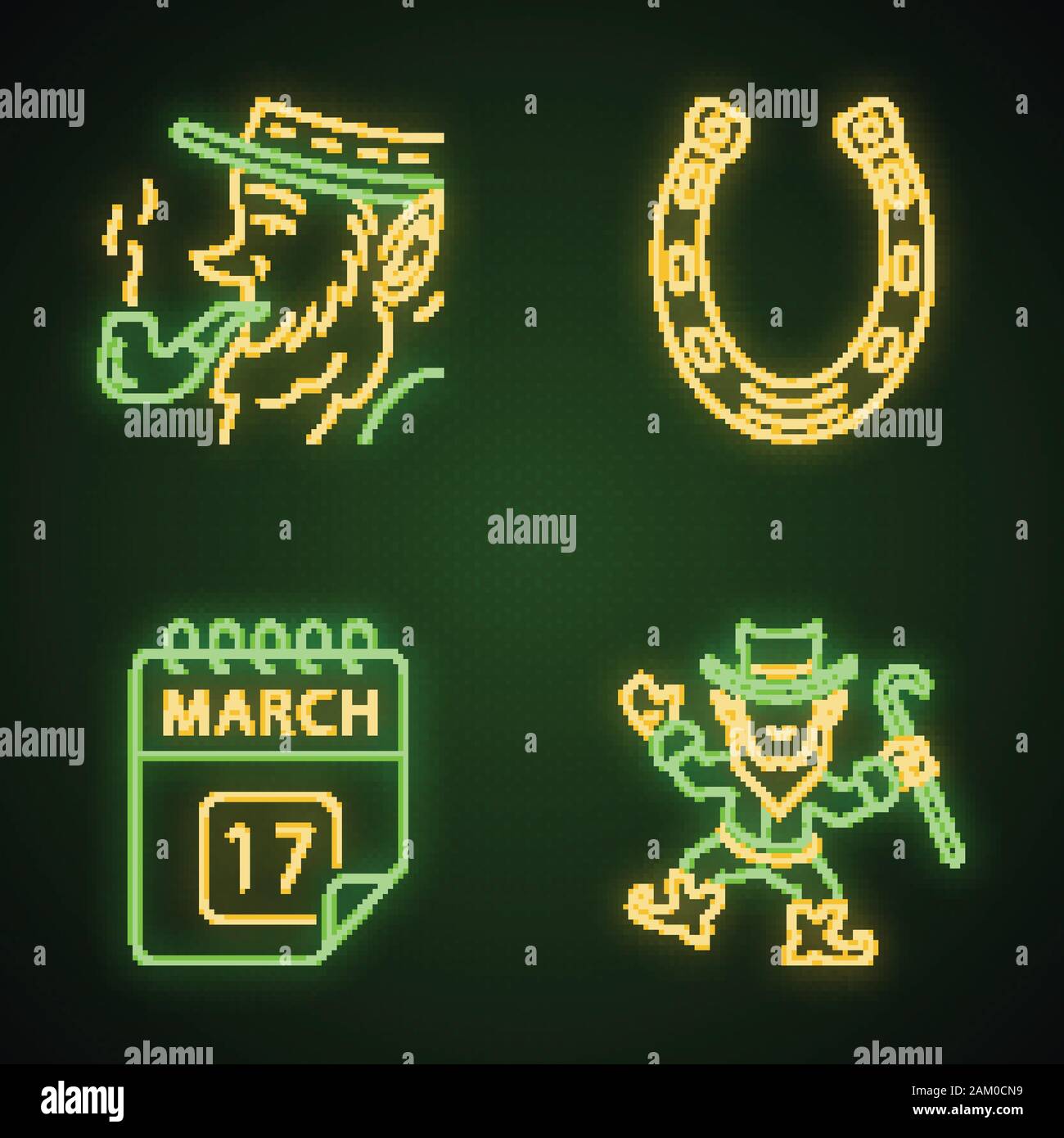Saint Patrick Day neon light icons set. Feast of St. Patrick ...