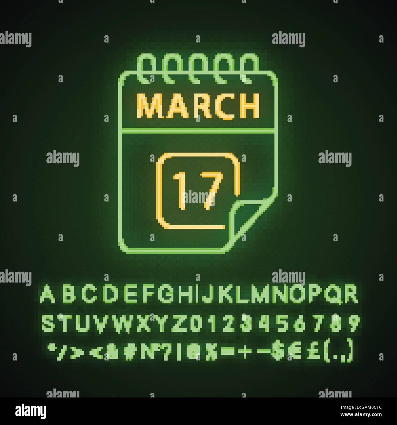March 17 neon light icon. Saint Patrick Day. Calendar date. Glowing ...