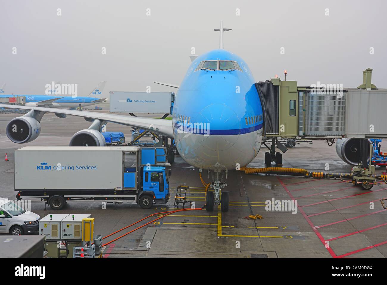 AMSTERDAM, NETHERLANDS -2 JAN 2020- View of a blue airplane from the ...