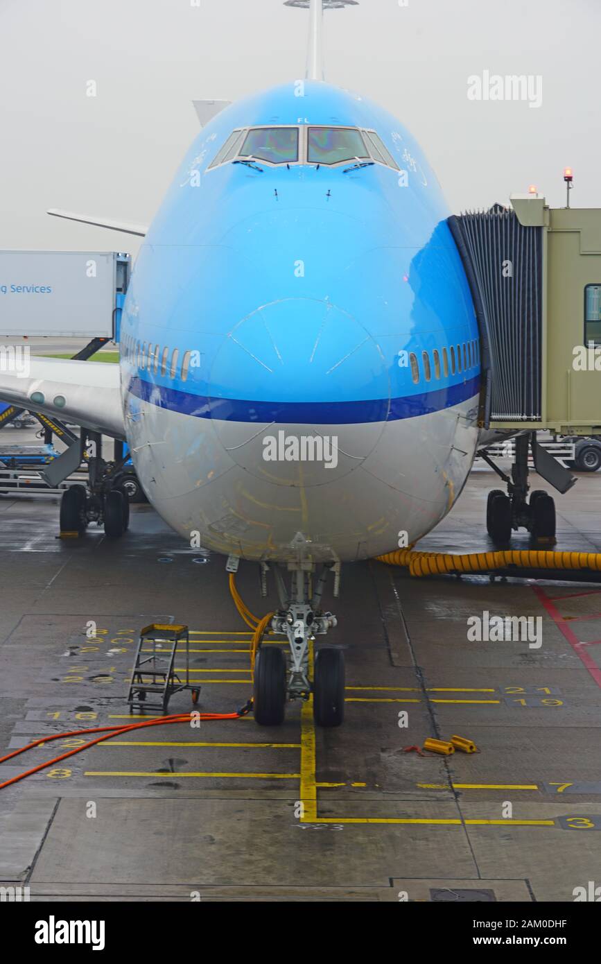 AMSTERDAM, NETHERLANDS -2 JAN 2020- View of a blue airplane from the ...