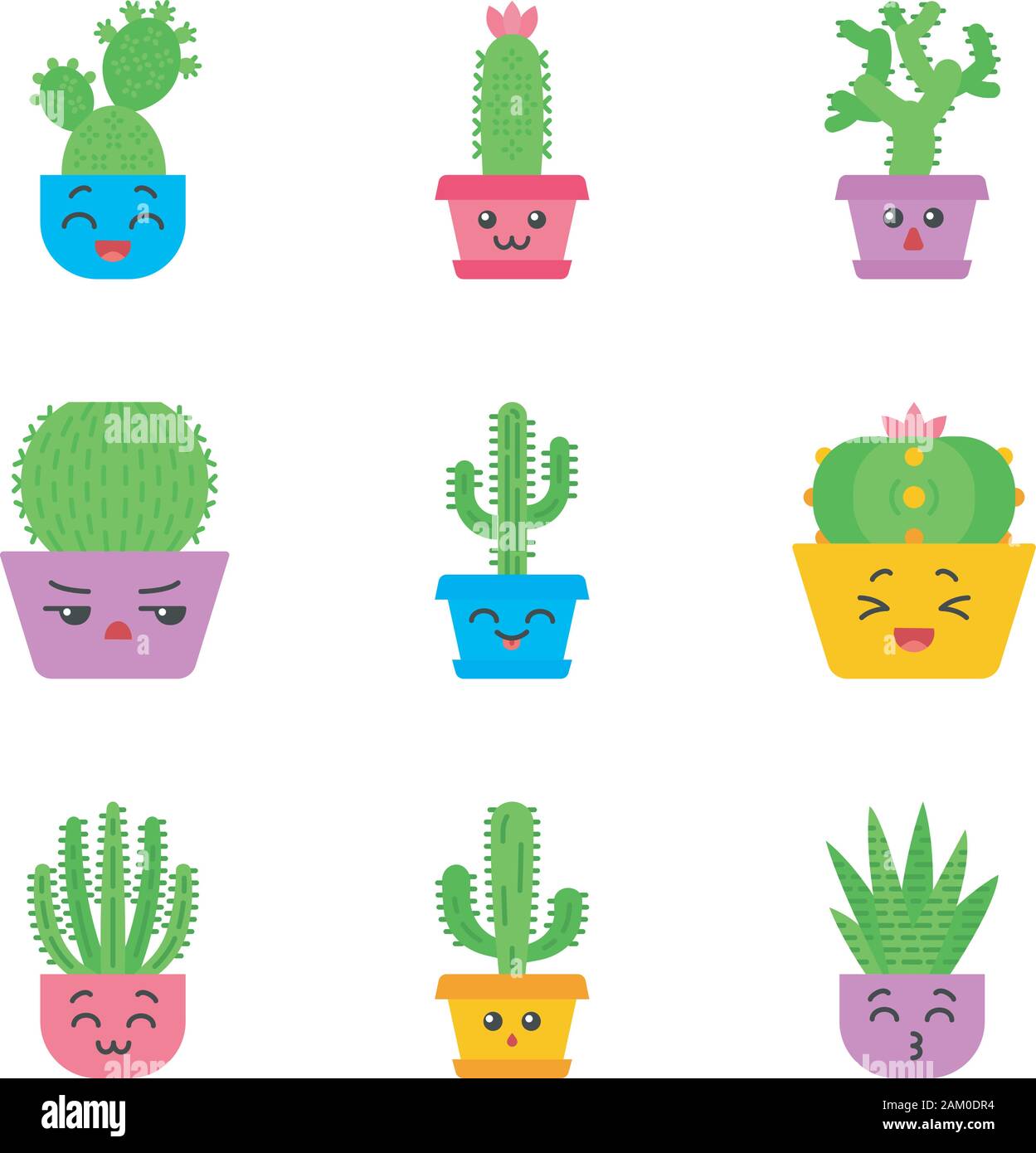 Cactuses flat design long shadow color icons set. Plants with smiling ...